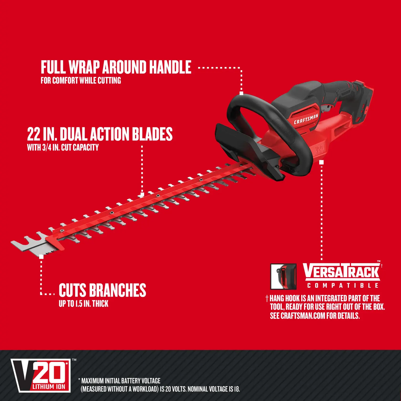 CRAFTSMAN V20* Cordless 22-Inch Hedge Trimmer (Tool Only)