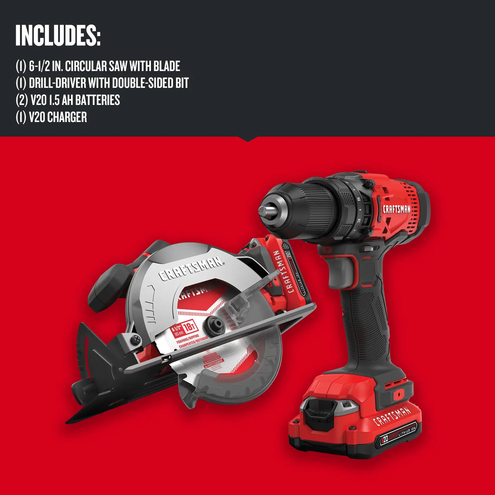 CRAFTSMAN V20* Cordless 2-Tool Combo Kit with (2) 1.5Ah Batteries and ...