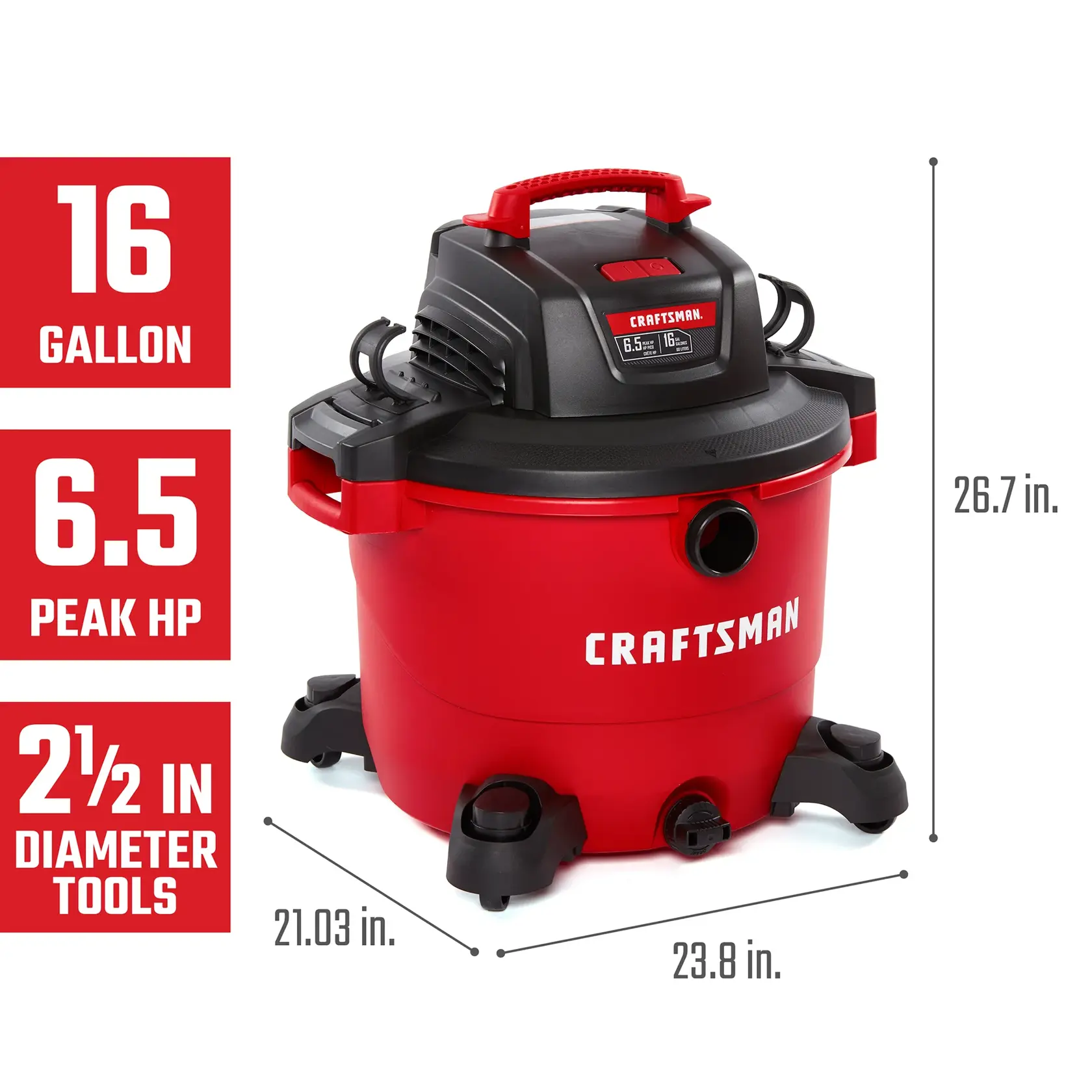 CRAFTSMAN 16-Gallon 6.5 Peak HP Corded Electric Heavy-Duty Wet/Dry Shop ...